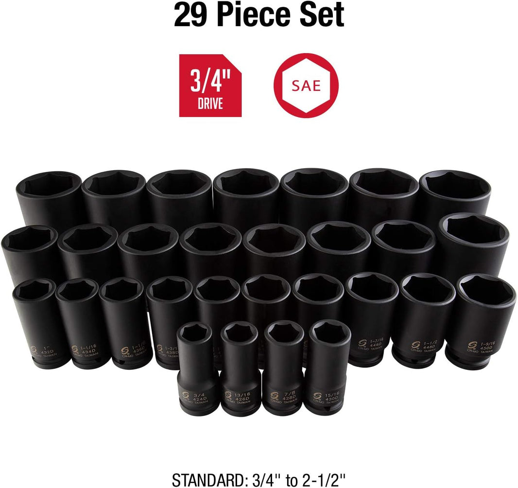 Sunex Tools 4695 3/4 in. Drive SAE Deep Master Socket Set, 29 pieces