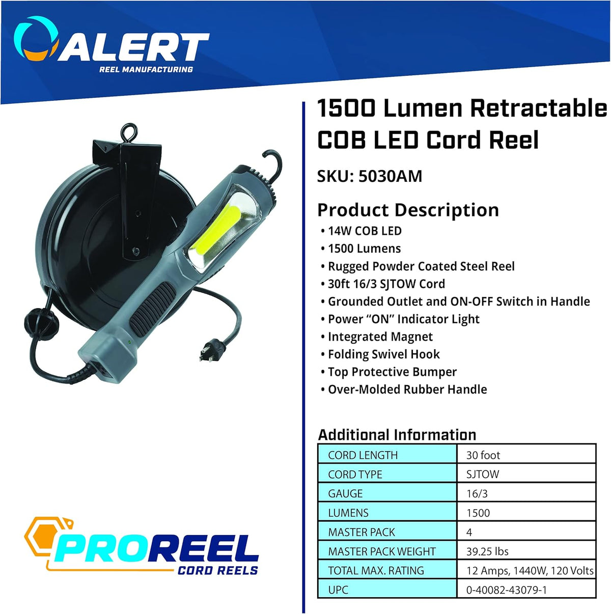 Alert Stamping 5030AM Prolite 1300 Lumen Retractable COB LED Cord Reel